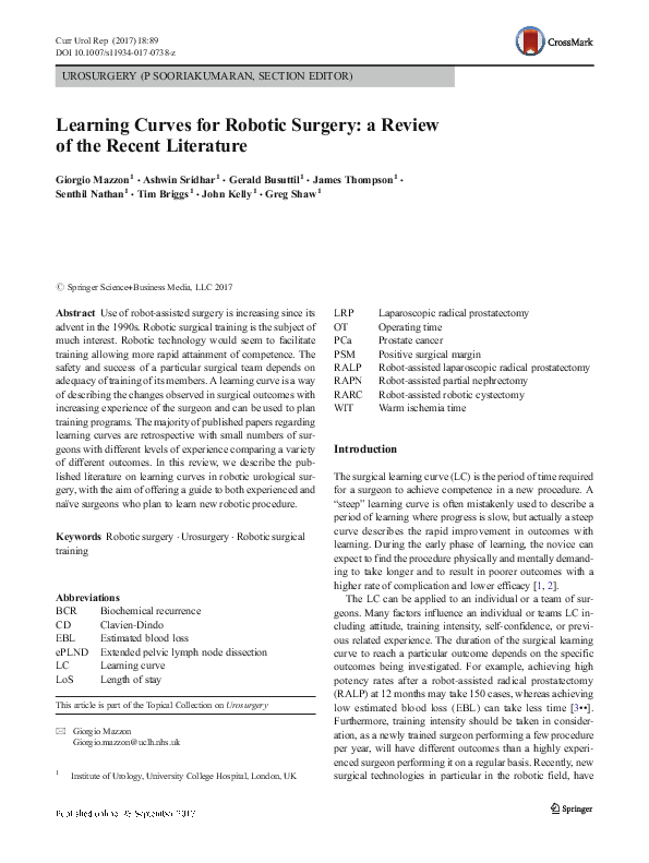 (PDF) Learning Curves for Robotic Surgery: a Review of the Recent Literature