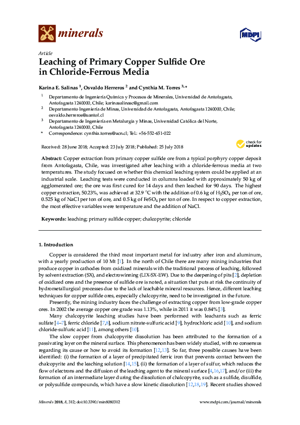 (PDF) Leaching of Primary Copper Sulfide Ore in Chloride-Ferrous Media