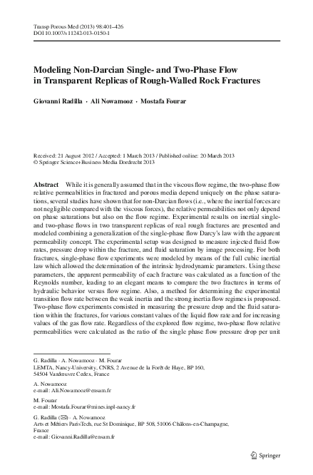 (PDF) Modeling Non-Darcian Single- and Two-Phase Flow in Transparent Replicas of Rough-Walled ...