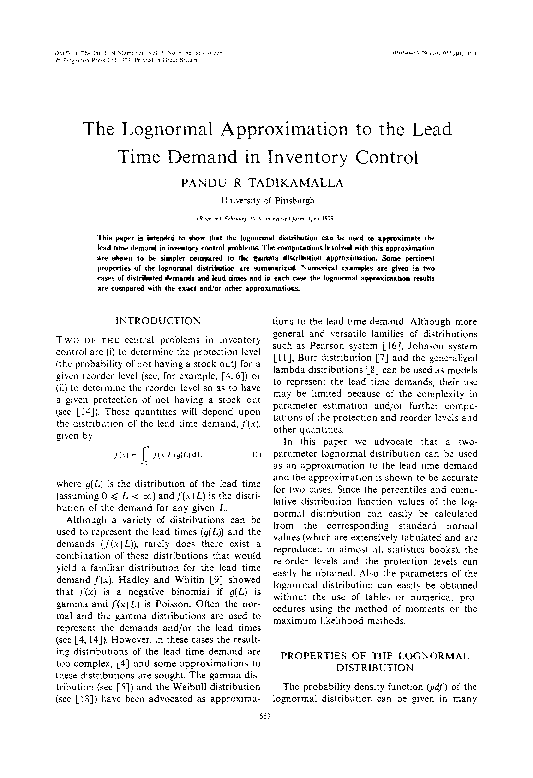 (PDF) The lognormal approximation to the lead time demand in inventory ...