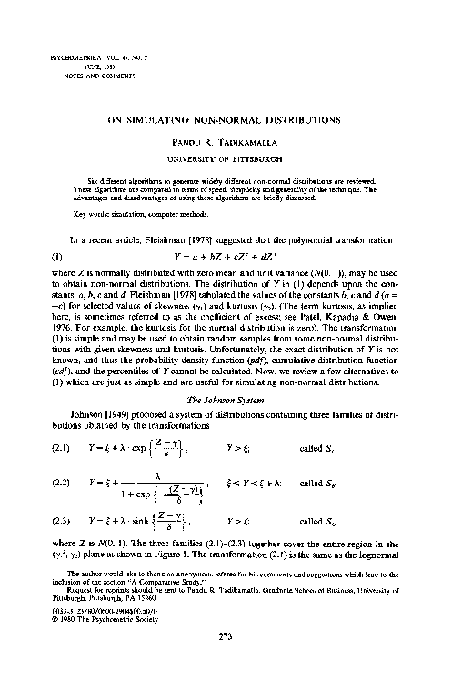 (PDF) On simulating non-normal distributions | Pandu Tadikamalla ...