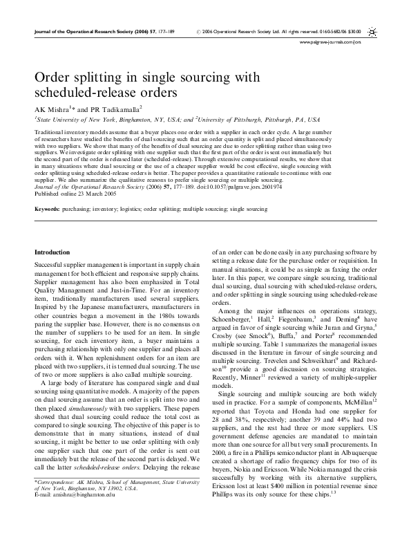 (PDF) Order splitting in single sourcing with scheduled-release orders ...