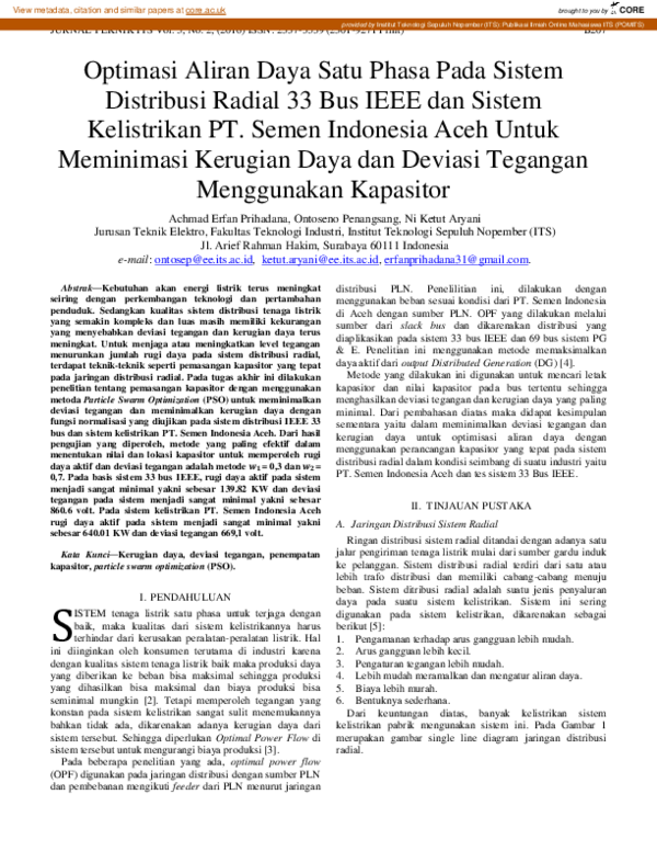 (PDF) Optimasi Aliran Daya Satu Phasa Pada Sistem Distribusi Radial 33 Bus Ieee Dan Sistem ...