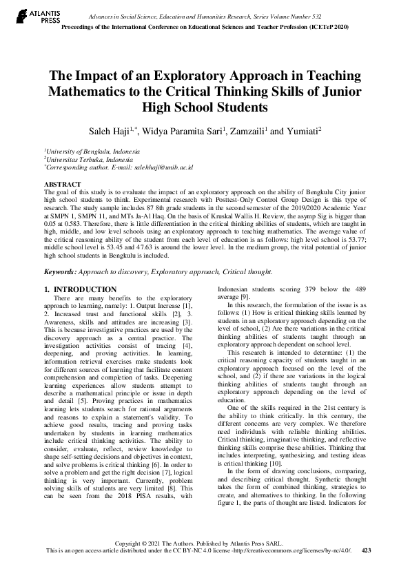 (PDF) The Impact of an Exploratory Approach in Teaching Mathematics to the Critical Thinking ...