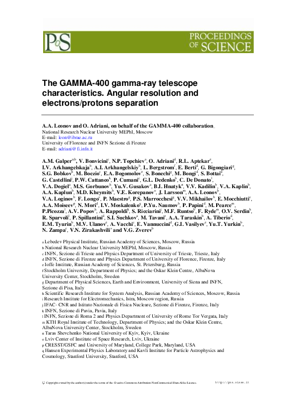 (PDF) The GAMMA-400 gamma-ray telescope characteristics. Angular resolution and electrons ...
