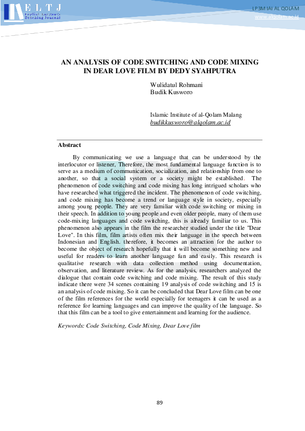 (PDF) An Analysis of Code Switching and Code Mixing in Dear Love Film by Dedy Syahputra