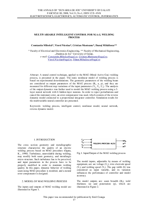(PDF) Multivariable Intelligent Control for M.A.G. Welding Process