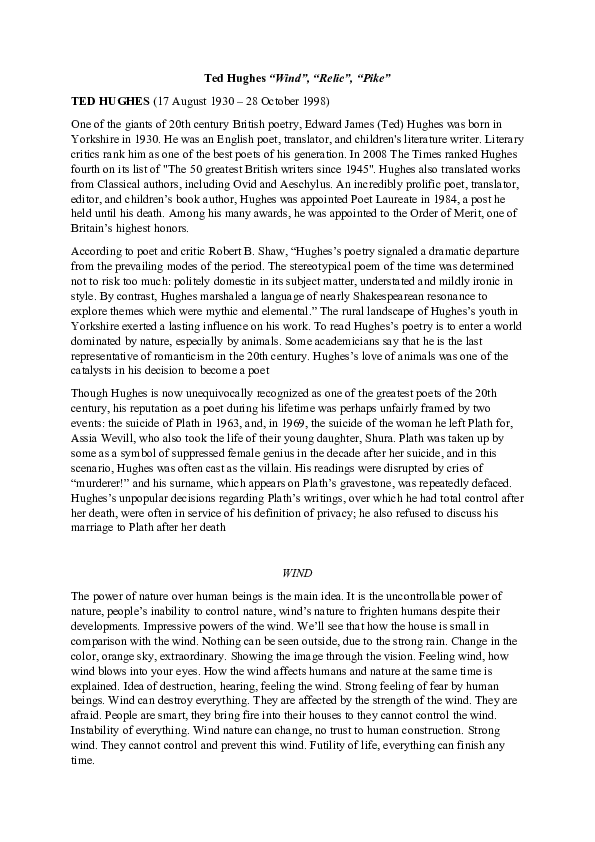 (DOC) Ted Hughes and his poems “Wind”, “Relic”, and “Pike” respectively