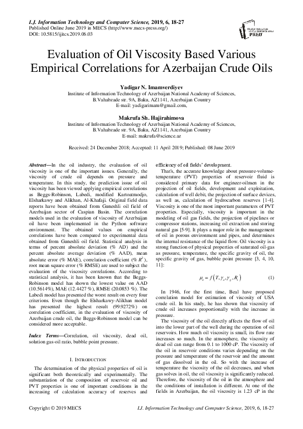 (PDF) Evaluation of Oil Viscosity Based Various Empirical Correlations for Azerbaijan Crude Oils