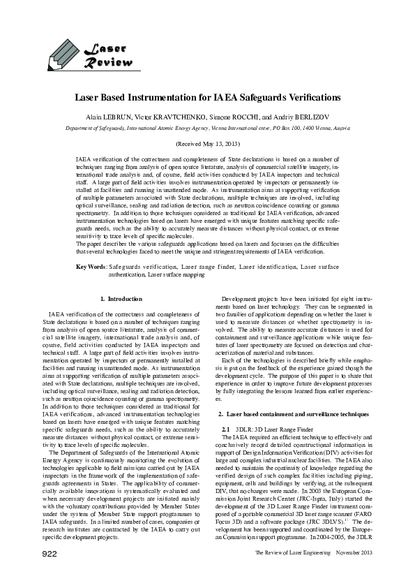 (PDF) Laser Based Instrumentation for IAEA Safeguards Verifications