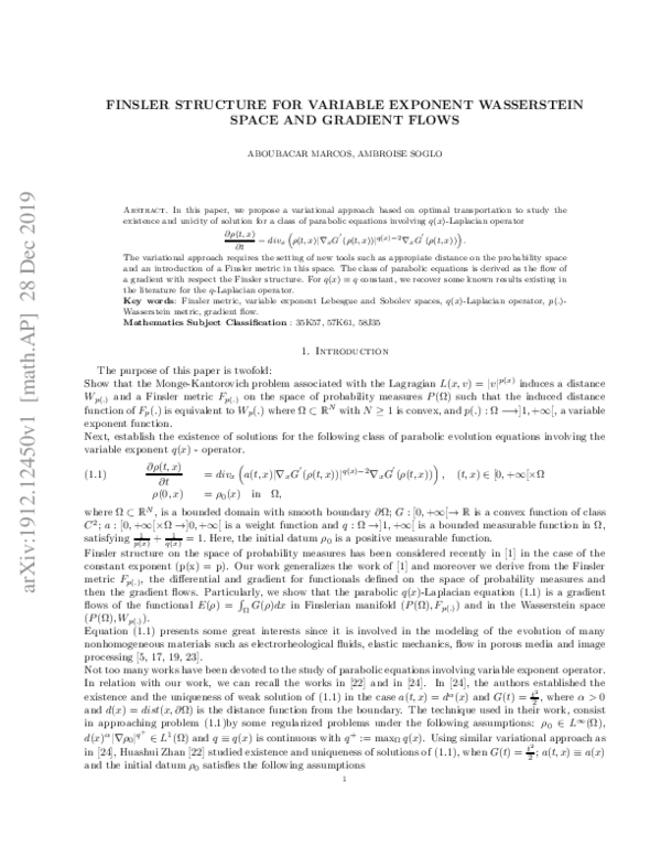 (PDF) Finsler structure for variable exponent Wasserstein space and gradient flows