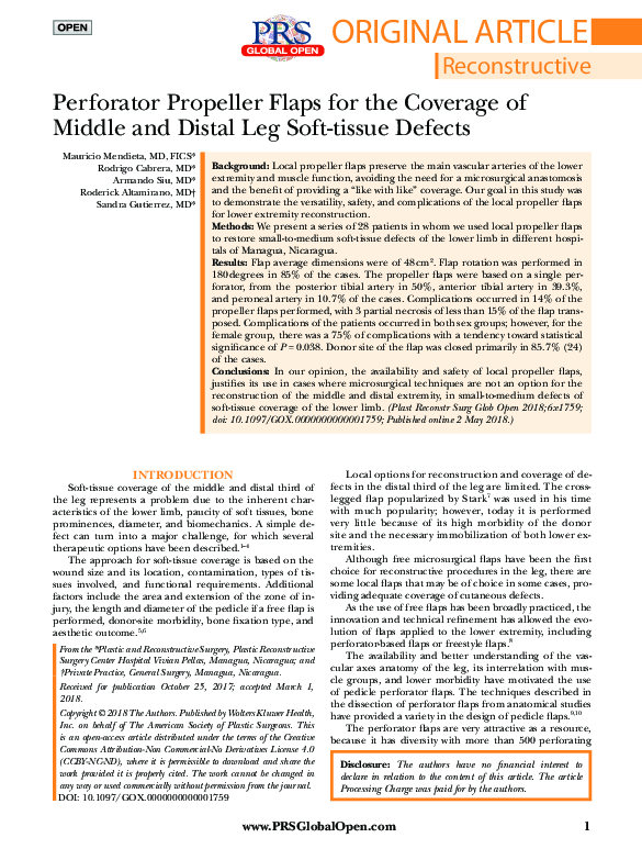 (PDF) Perforator Propeller Flaps for the Coverage of Middle and Distal ...