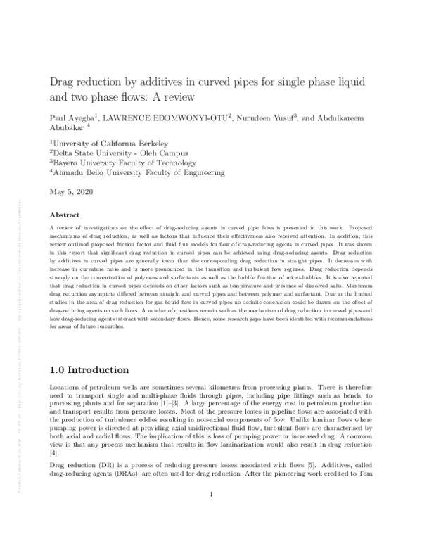 (PDF) Drag Reduction by Additives in Curved Pipes for Single-Phase ...