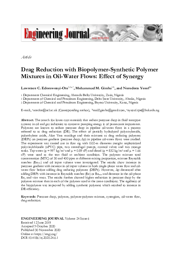 (PDF) Drag Reduction with Biopolymer-Synthetic Polymer Mixtures in Oil ...