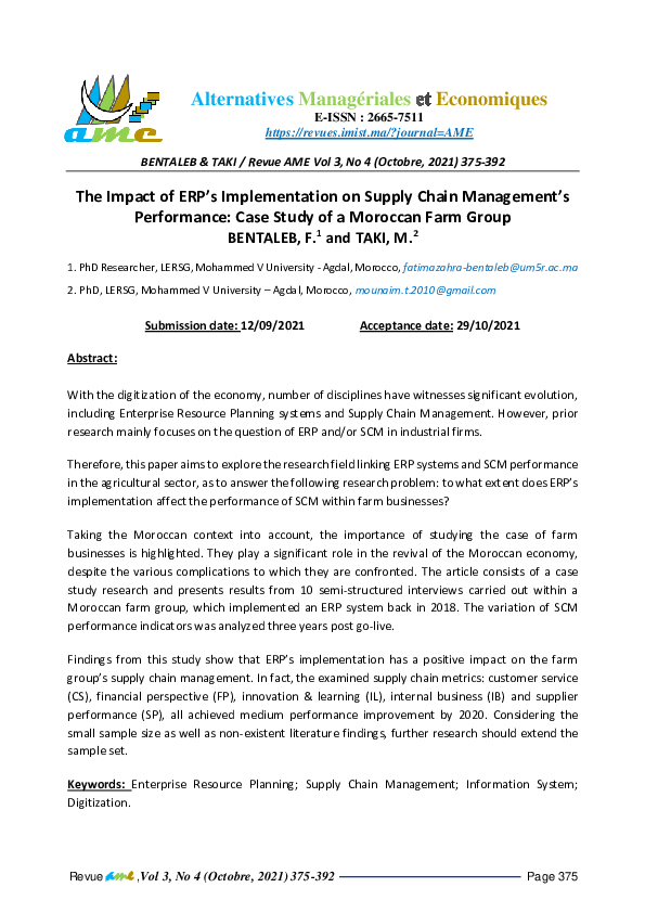 (PDF) The Impact of ERP’s Implementation on Supply Chain Management’s Performance: Case Study of ...