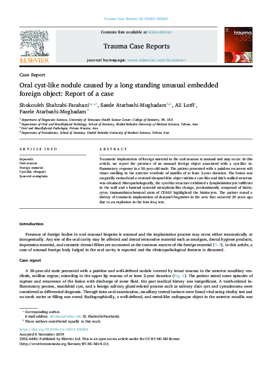 (PDF) Oral cyst-like nodule caused by a long standing unusual embedded ...
