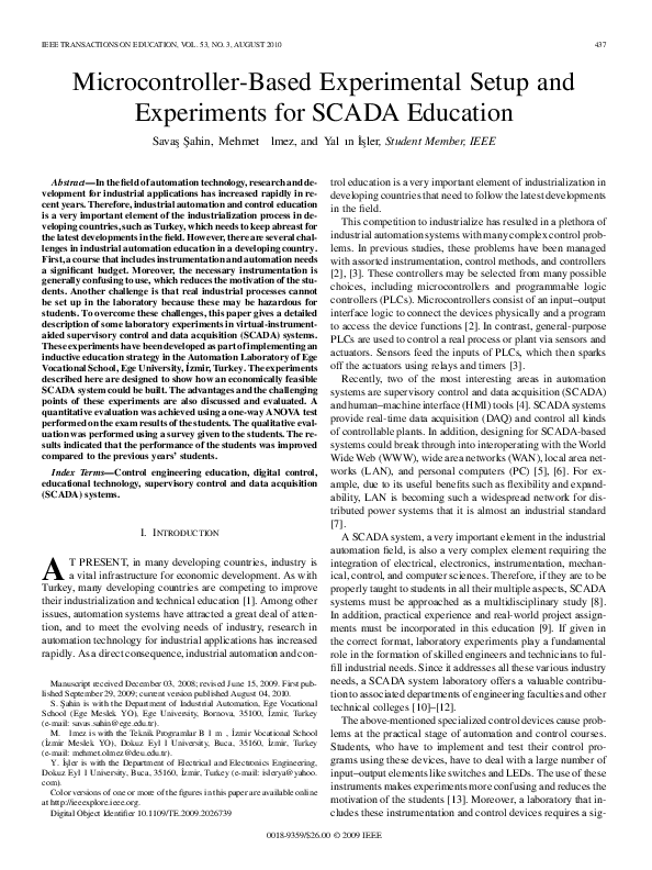 (PDF) Microcontroller-Based Experimental Setup and Experiments for SCADA Education