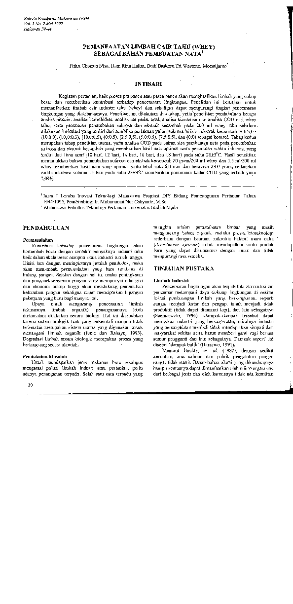(PDF) Pemanfaatan Limbah Cair Tahu (Whey) Sebagai Bahan Pembuatan Nata