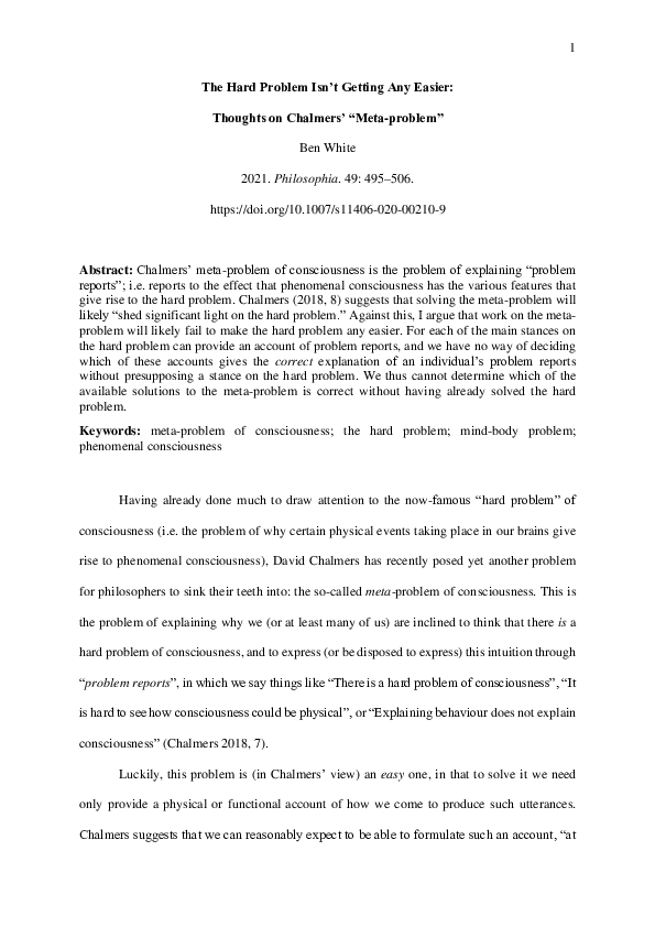 (PDF) The Hard Problem Isn’t Getting Any Easier: Thoughts on Chalmers ...