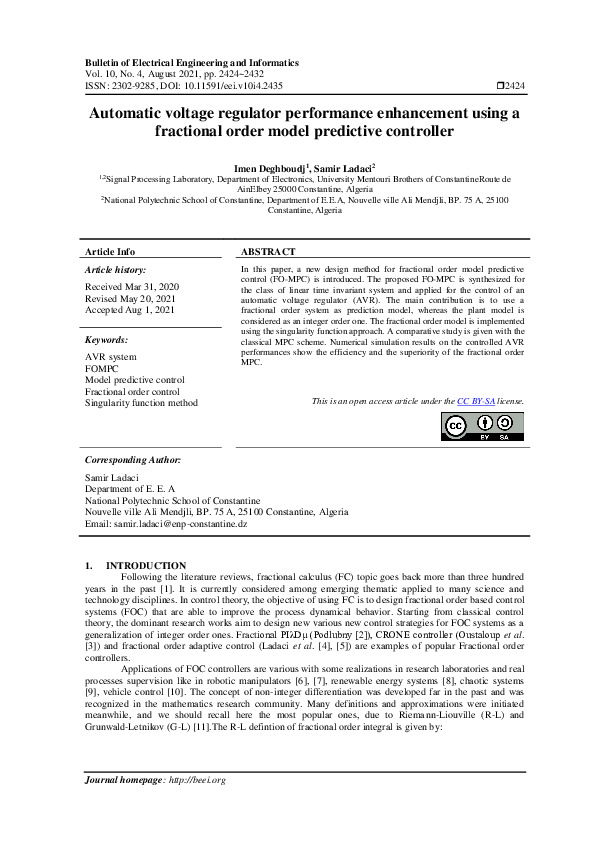 (PDF) Automatic voltage regulator performance enhancement using a fractional order model ...