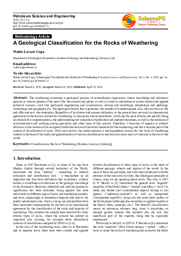 (PDF) A Geological Classification for the Rocks of Weathering | Waldo ...