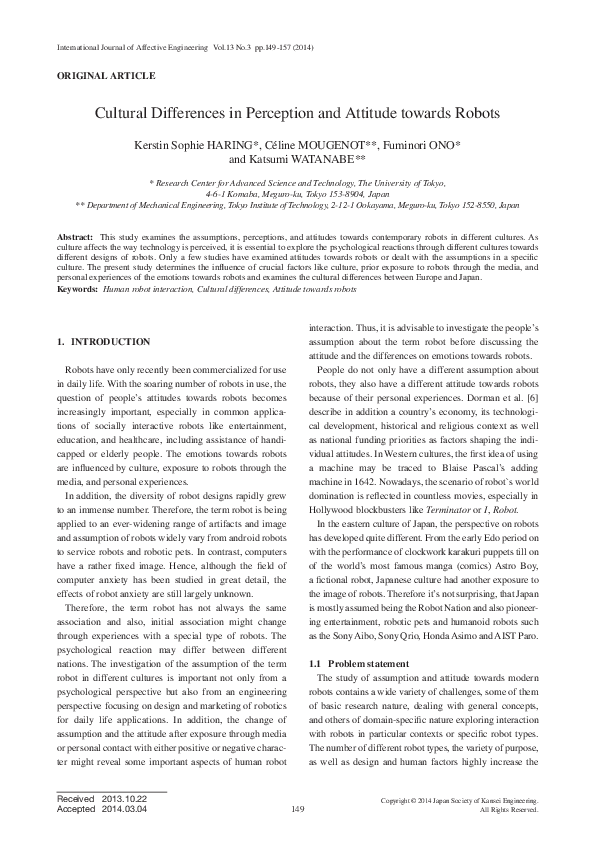 (PDF) Cultural Differences in Perception and Attitude towards Robots
