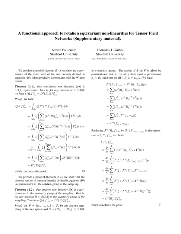 (PDF) A functional approach to rotation equivariant non-linearities for Tensor Field Networks