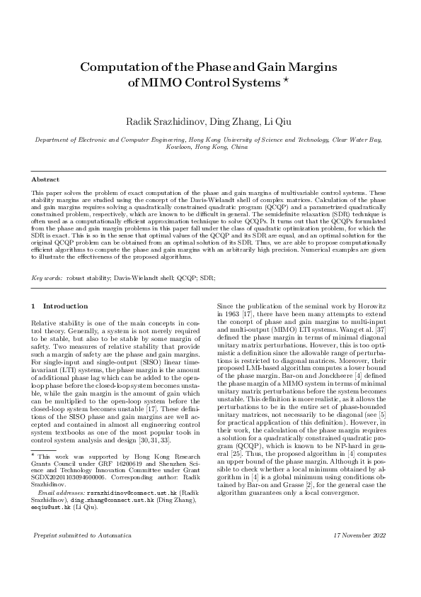 (PDF) Computation of the Phase and Gain Margins of MIMO Control Systems