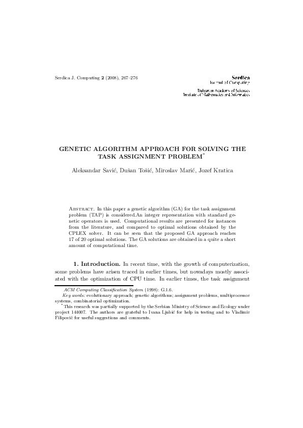 Pdf Genetic Algorithm Approach For Solving The Task Assignment Problem