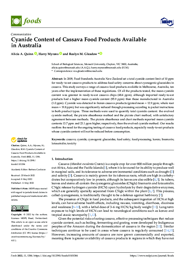 Pdf Cyanide Content Of Cassava Food Products Available In Australia