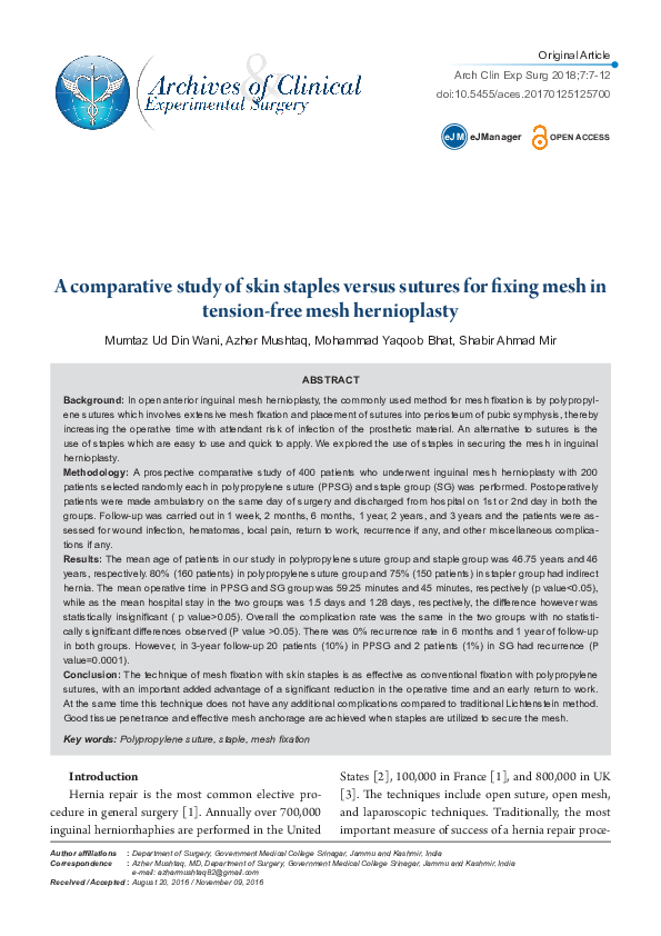 (PDF) A comparative study of skin staples versus sutures for fixing mesh in tension-free mesh ...