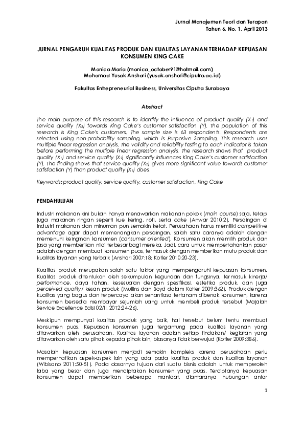 (PDF) Pengaruh Kualitas Produk Dan Kualitas Layanan Terhadap Kepuasan Konsumen King Cake