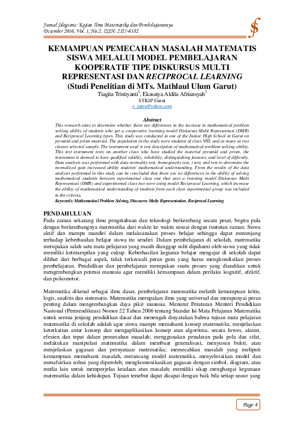 (PDF) Kemampuan Pemecahan Masalah Matematis Siswa Melalui Model Pembelajaran Kooperatif Tipe ...