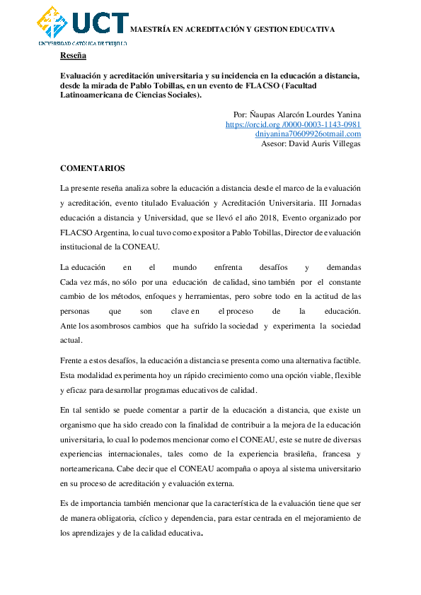 (PDF) RESEÑA DE EVALUACIÓN Y ACREDITACIÓN(Lourdes Yanina Ñaupas Alarcón)