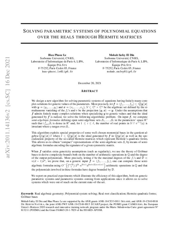 Pdf Solving Parametric Systems Of Polynomial Equations Over The Reals Through Hermite Matrices
