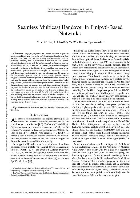 (PDF) Seamless Multicast Handover In Fmipv6-Based Networks