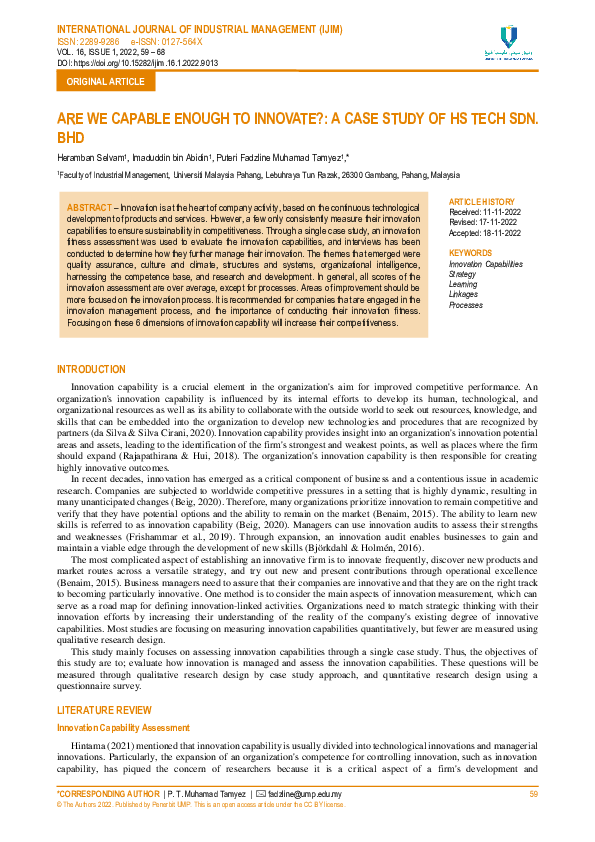 (PDF) Are We Capable Enough to Innovate?: A Case Study of HS Tech Sdn. BHD