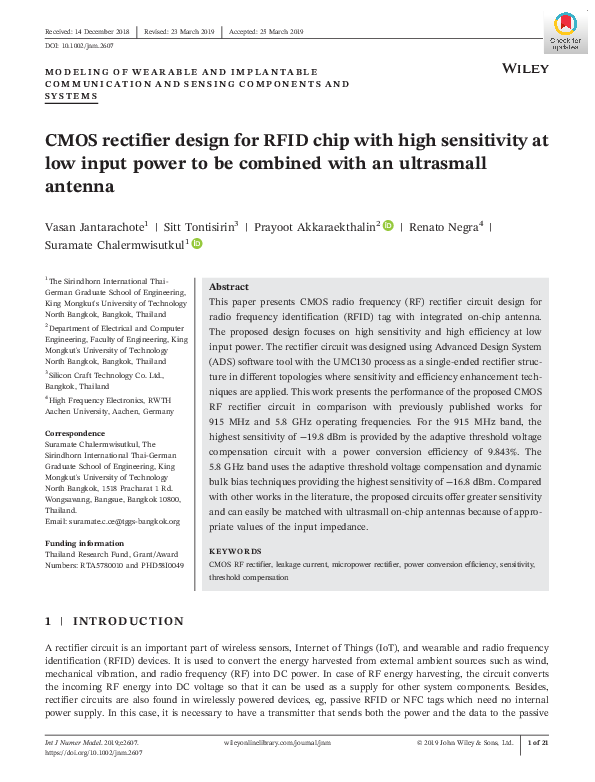 (PDF) CMOS rectifier design for RFID chip with high sensitivity at low ...