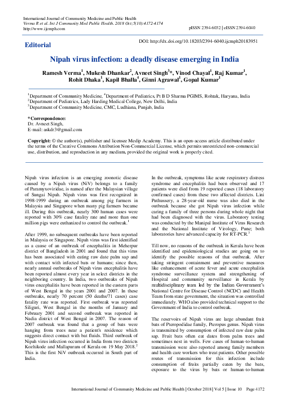 (PDF) Nipah virus infection: a deadly disease emerging in India