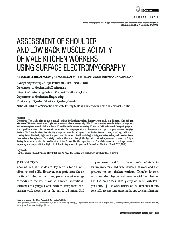 (PDF) Assessment of shoulder and low back muscle activity of male kitchen workers using surface ...