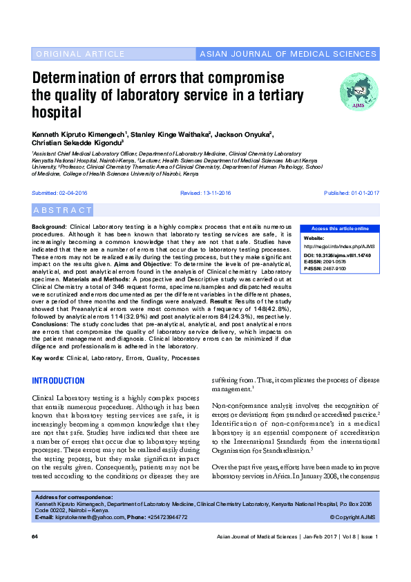 (PDF) Determination of errors that compromise the quality of laboratory ...