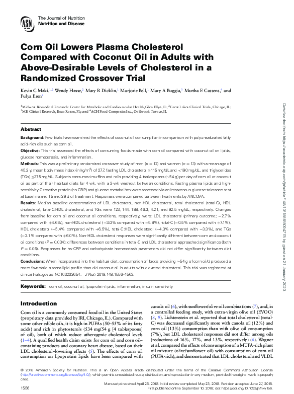 (PDF) Corn Oil Lowers Plasma Cholesterol Compared with Coconut Oil in ...