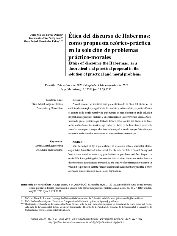 (PDF) Ética del discurso de Habermas: como propuesta teórico-práctica en la solución de ...