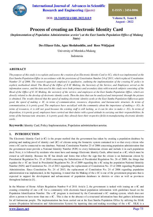 (PDF) Process of creating an Electronic Identity Card (Implementation of Population ...