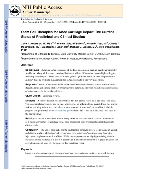 (PDF) Stem Cell Therapies for Knee Cartilage Repair