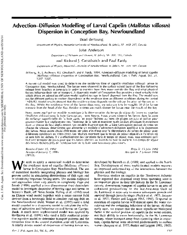 (PDF) Advection–Diffusion Modelling of Larval Capelin (Mallotus ...