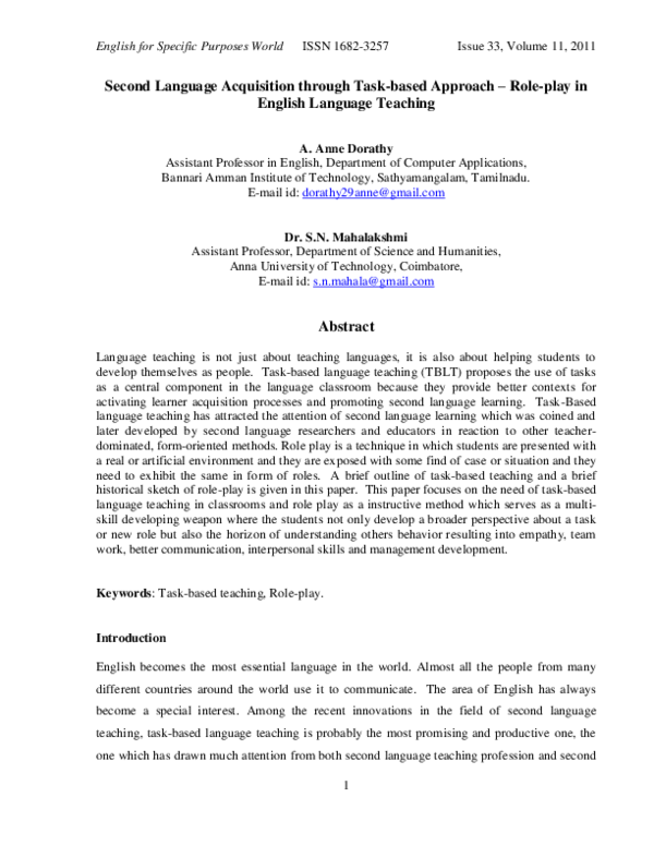 (PDF) Second Language Acquisition through Task-based Approach - Role ...