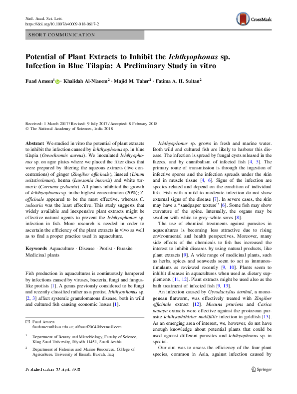 (PDF) Potential of Plant Extracts to Inhibit the Ichthyophonus sp ...