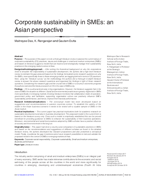 (PDF) Corporate sustainability in SMEs: an Asian perspective