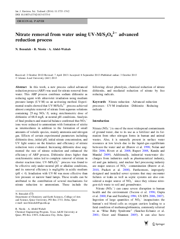 (PDF) Nitrate removal from water using UV-M/S2O4 2− advanced reduction ...